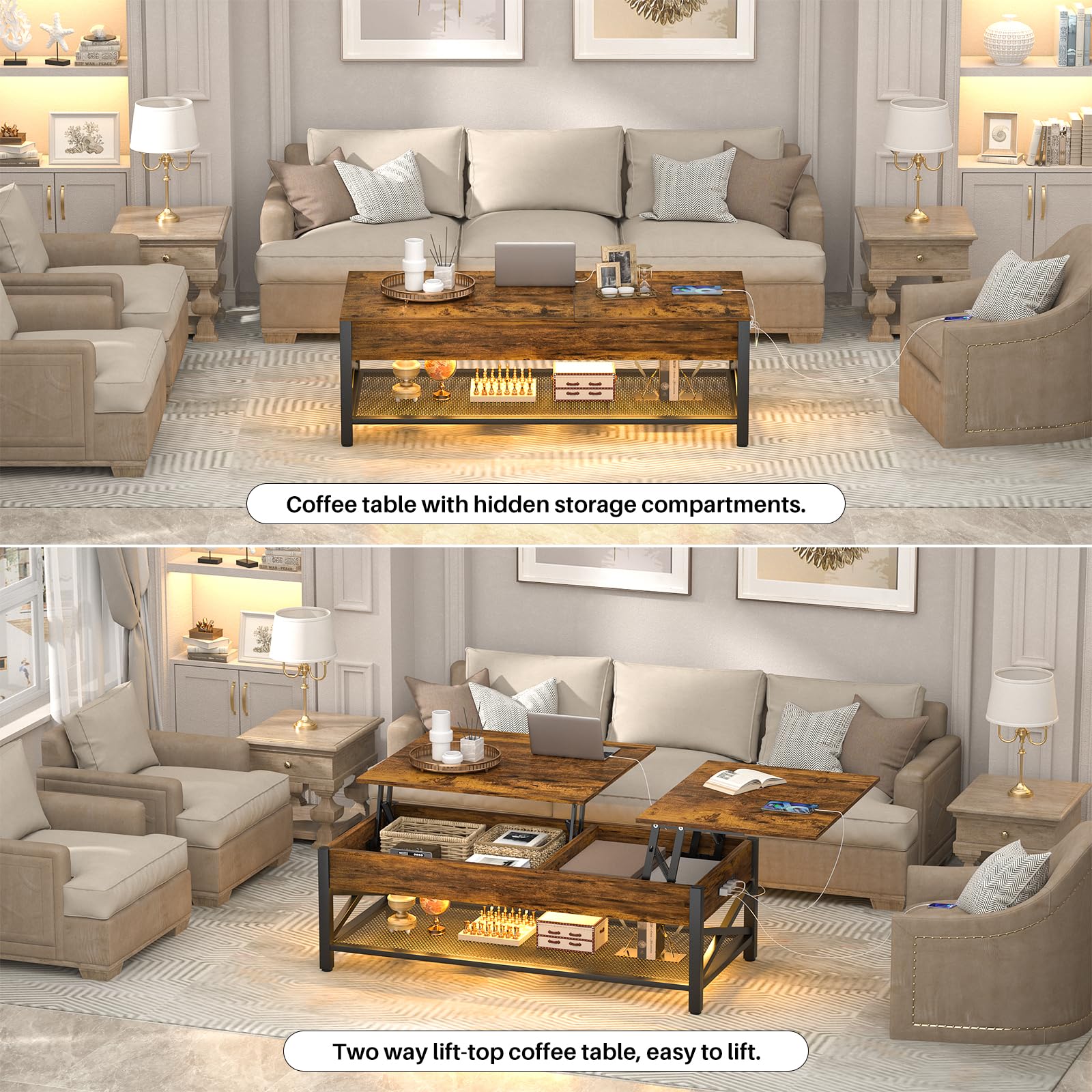 Aheaplus Coffee Table, Lift Top Coffee Table with LED Light and Power Outlet, Modern Lift-Top Center Table with Storage Shelf, for Living Room with Lift Tabletop, X Support Metal Frame, Rustic Brown