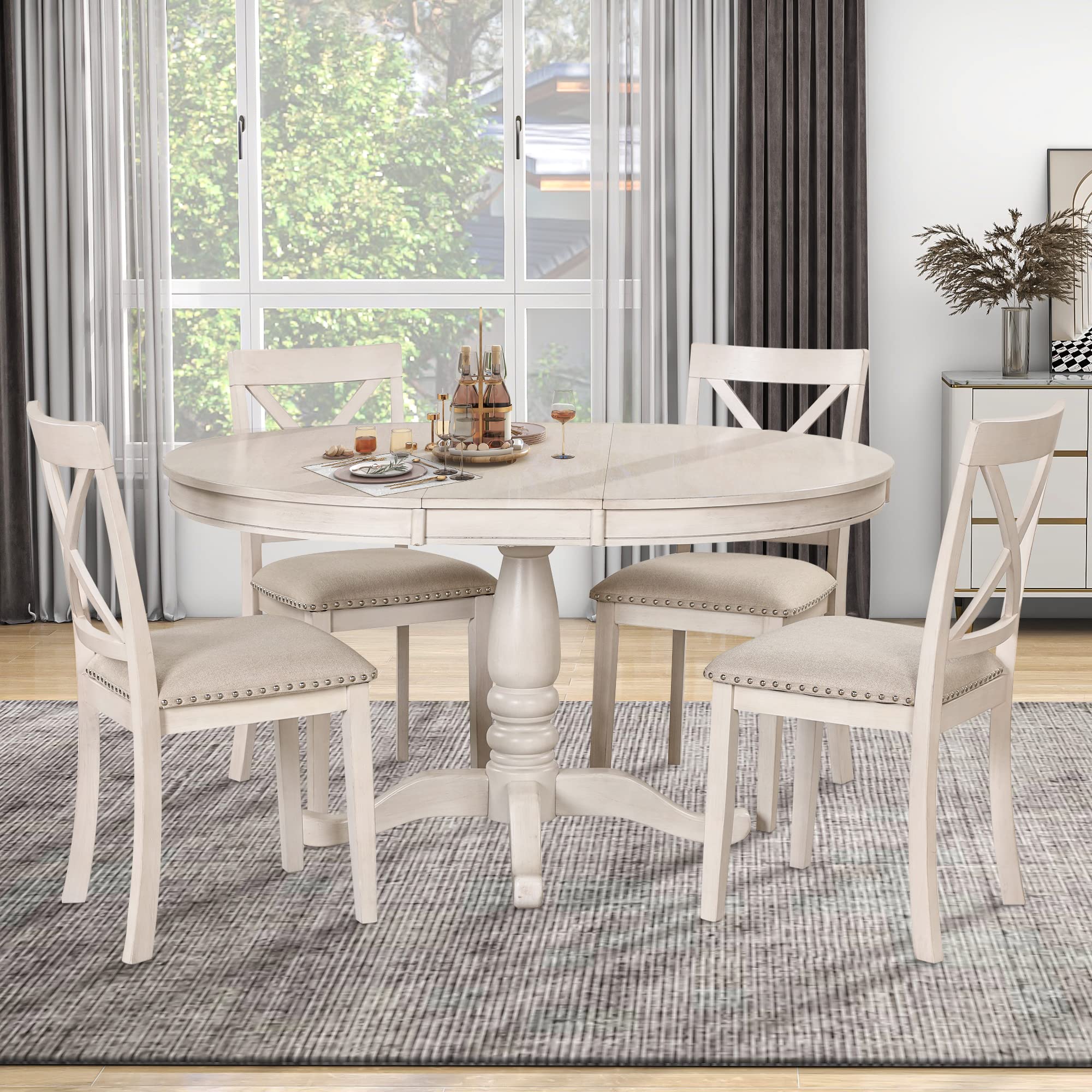 Melpomene 5-Piece Modern Dining Table Set, Extendable Dining Table Set for 4, Wood Round Dining Table Set with 4 Chairs,Antique White