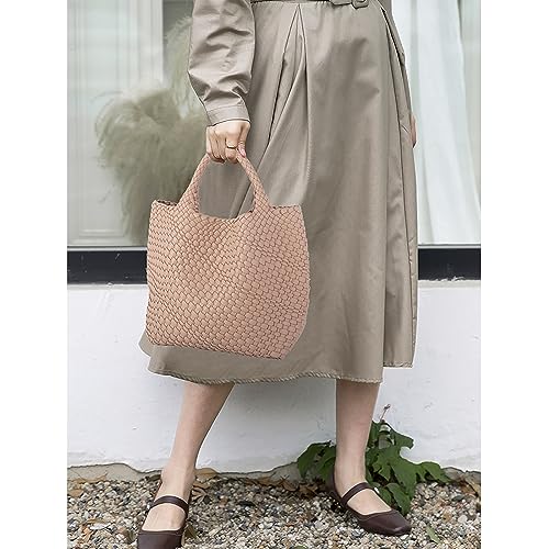 Women Vegan Leather Woven Bag, Tote Handbag Large Capacity Shoulder Top-handle Bag Underarm Bag with Purse