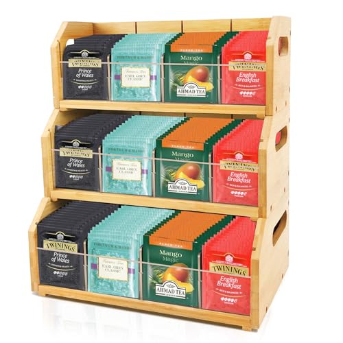 Bamboo Tea Bag Storage Containers- Tea Organizer for Tea Bags Cabinet- Tea Caddy Packet Rack Teabag Shelf Coffee Holders for Office Kitchen- Wooden 3 Tier