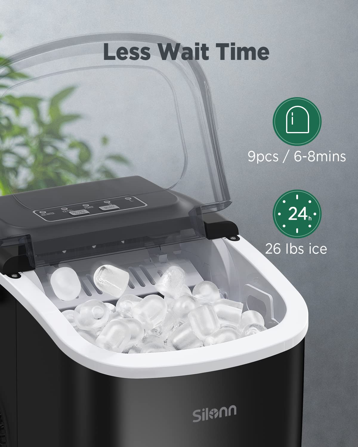Silonn Countertop Ice Maker, 9 Cubes Ready in 6 Mins, 26lbs in 24Hrs, Self-Cleaning Ice Machine with Ice Scoop and Basket, 2 Sizes of Bullet Ice for Home Kitchen Office Bar Party,Black…