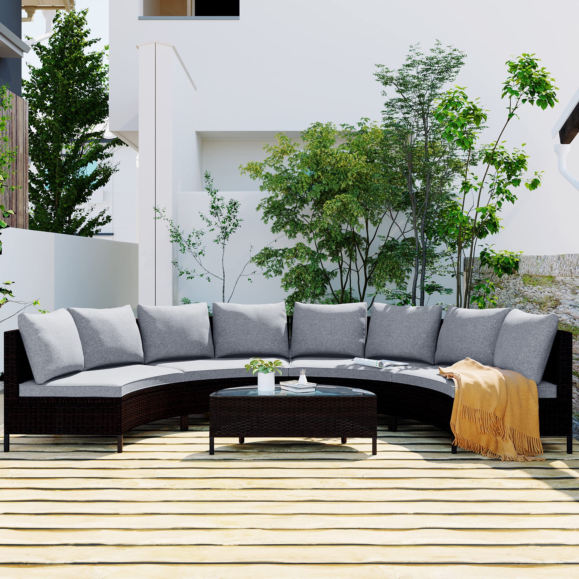 BIADNBZ 5 Pieces Patio Furniture Weather PE Wicker Modular Outdoor Sectional Sofa Half-Moon Conversation Couch Set with Tempered Glass Table, 47.6 inch, Brown Rattan+Gray Cushion