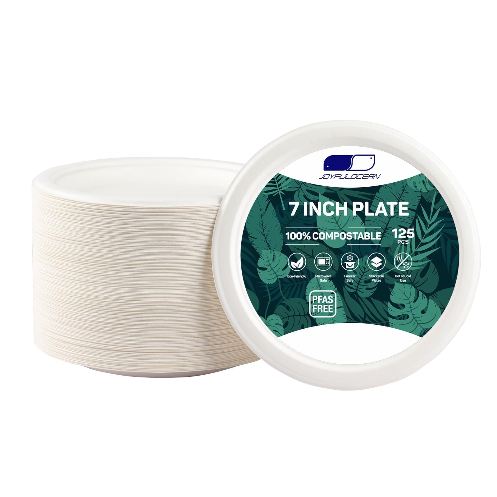 JOYFULOCEAN Paper Plates 7 inch 125 Pieces, 100% Compostable Disposable Paper Plates, Heavy-Duty Natural Biodegradable Eco-Friendly Sugarcane Fibers Party Plates(White)[PFAS-Free][BPI Certified]