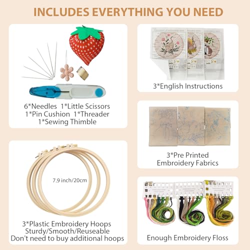BTQKIK 3 Pack Embroidery Kit for Beginners Adults,Cat Embroidery Kit,Cross Stith Kits,Hobbies for Women with 3 Instrutions,3 Embroidery Cloth,3 Embroidery Hoops,6 Needles