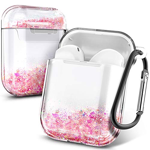 NZND Glitter Liquid Case Compatiable with Apple AirPods 1/2, Sparkle Flowing Floating Durable Girls Women Kids Cute Clear Hard Cover Carrying Case -Rose Gold