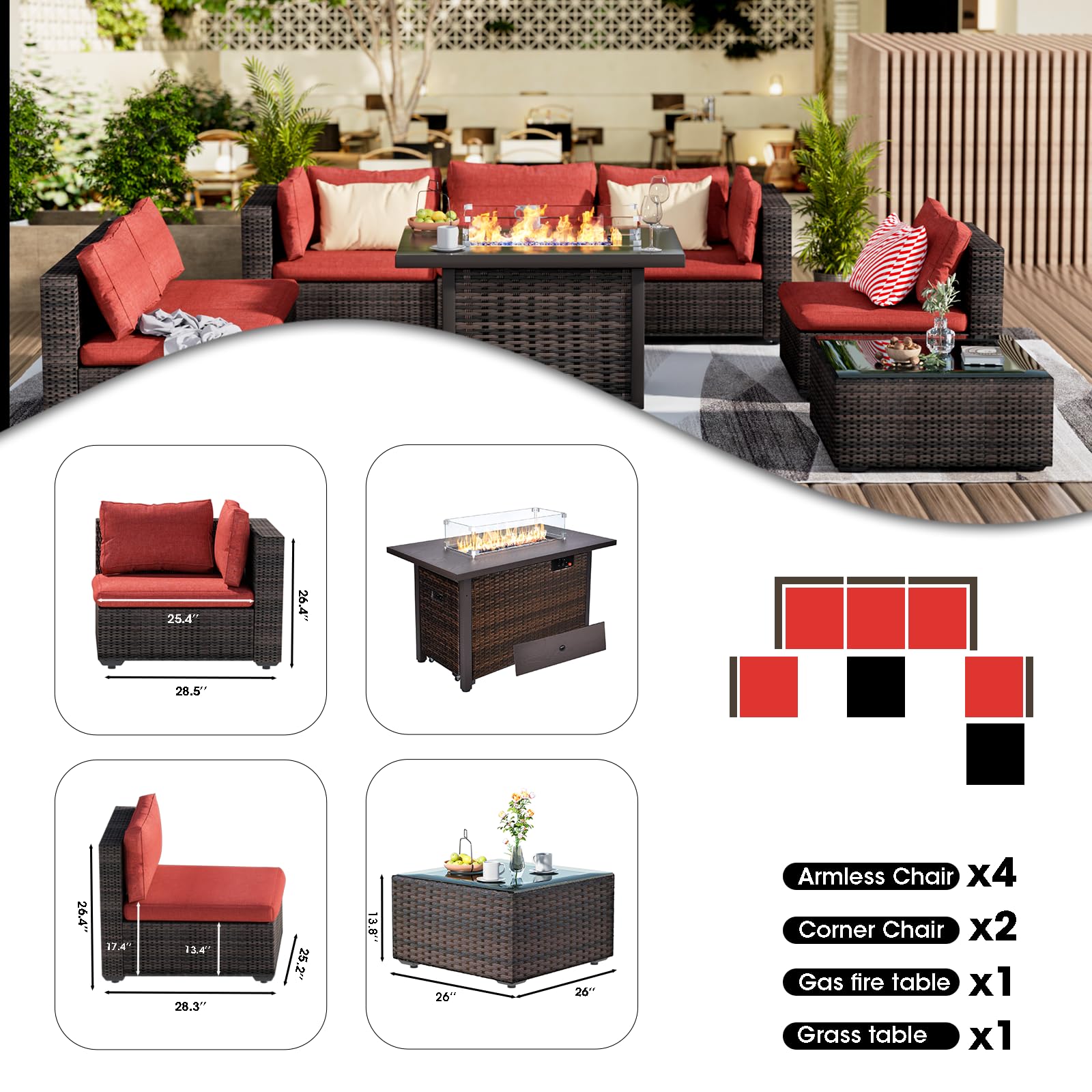 Grezone Patio Furniture Set 7 Piece Outdoor Wicker Sectional Sofa - All Weather PE Rattan Couch Conversation Set with Cushion & Glass Top Table for Backyard Deck Porch,Red