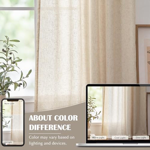 Jinchan Soft Linen Natural Curtains, 84 Inch Long, Crude Light Filtering Farmhouse Curtains for Living Room & Bedroom, Beige Back Tab Top Set 2 Panels (W50 x L84)