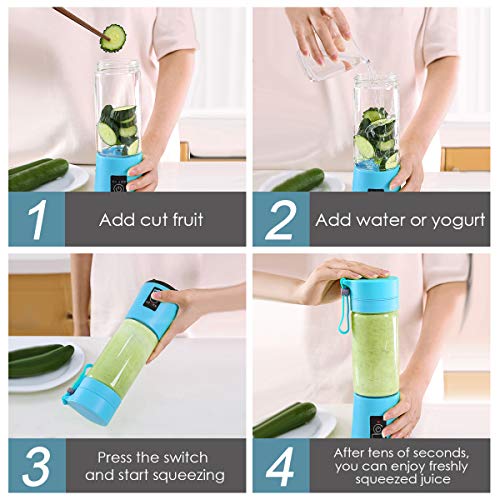 TSKLooy Portable Blender,Personal Blender with USB Rechargeable Mini Fruit Juice Mixer,Personal Size Blender for Smoothies and Shakes Mini Juicer Cup Travel 380ML,Fruit Juice,Milk, Blue