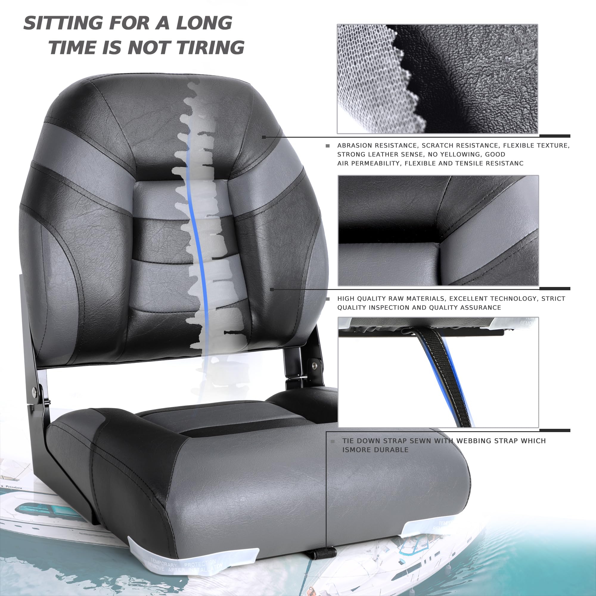 SUNDGORA Marine Low Back Folding Boat Seat,Stainless Steel Screws Included,Charcoal/Black(2 Seats)