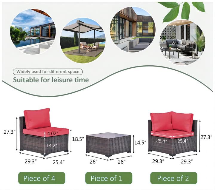Grezone Patio Furniture Set 7 Piece Outdoor Wicker Sectional Sofa - All Weather PE Rattan Couch Conversation Set with Cushion & Glass Top Table for Backyard Deck Porch,Red