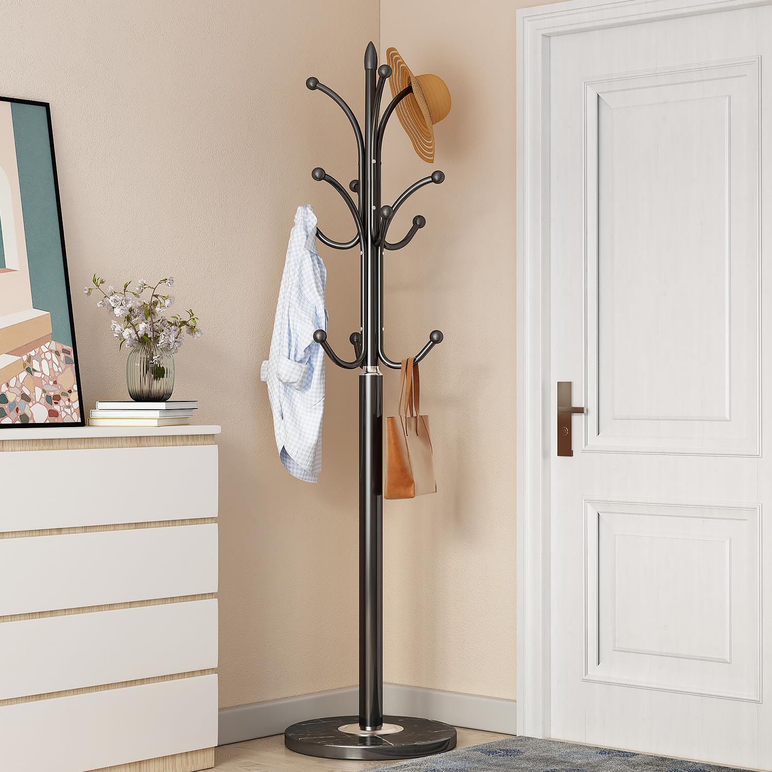 GAMNOF Black Coat Rack Freestanding, Metal Coat Rack Coat Hanger Stand, Entryway Tree Coat Rack Stand, High-grade Hat Tree with 12 Hooks & Natural Marble Base
