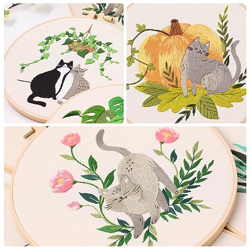 BTQKIK 3 Pack Embroidery Kit for Beginners Adults,Cat Embroidery Kit,Cross Stith Kits,Hobbies for Women with 3 Instrutions,3 Embroidery Cloth,3 Embroidery Hoops,6 Needles