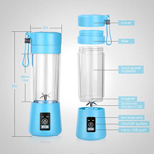 TSKLooy Portable Blender,Personal Blender with USB Rechargeable Mini Fruit Juice Mixer,Personal Size Blender for Smoothies and Shakes Mini Juicer Cup Travel 380ML,Fruit Juice,Milk, Blue