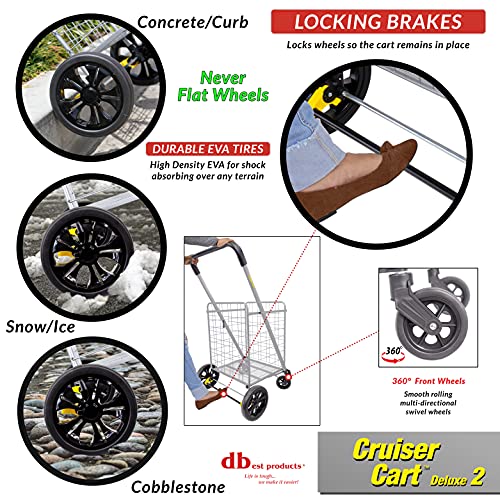 dbest products Cruiser Cart Deluxe 2 Shopping Grocery Rolling Folding Laundry Basket on Wheels Foldable Utility Trolley Compact Lightweight Collapsible, Silver