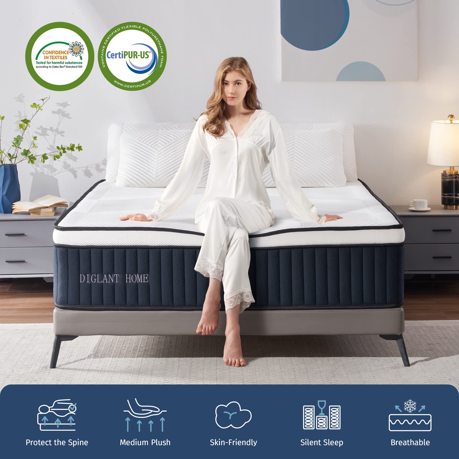 King Mattress, DIGLANT 14 Inch Euro Top Hybrid Memory Foam Mattress with Pocket Springs, Medium Plush Feel King Size Mattress in a Box, Supportive & Pressure Relief, CertiPUR-US Certified, 76"*80"