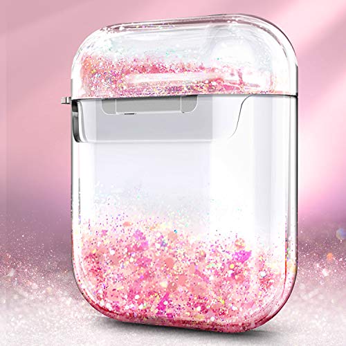 NZND Glitter Liquid Case Compatiable with Apple AirPods 1/2, Sparkle Flowing Floating Durable Girls Women Kids Cute Clear Hard Cover Carrying Case -Rose Gold