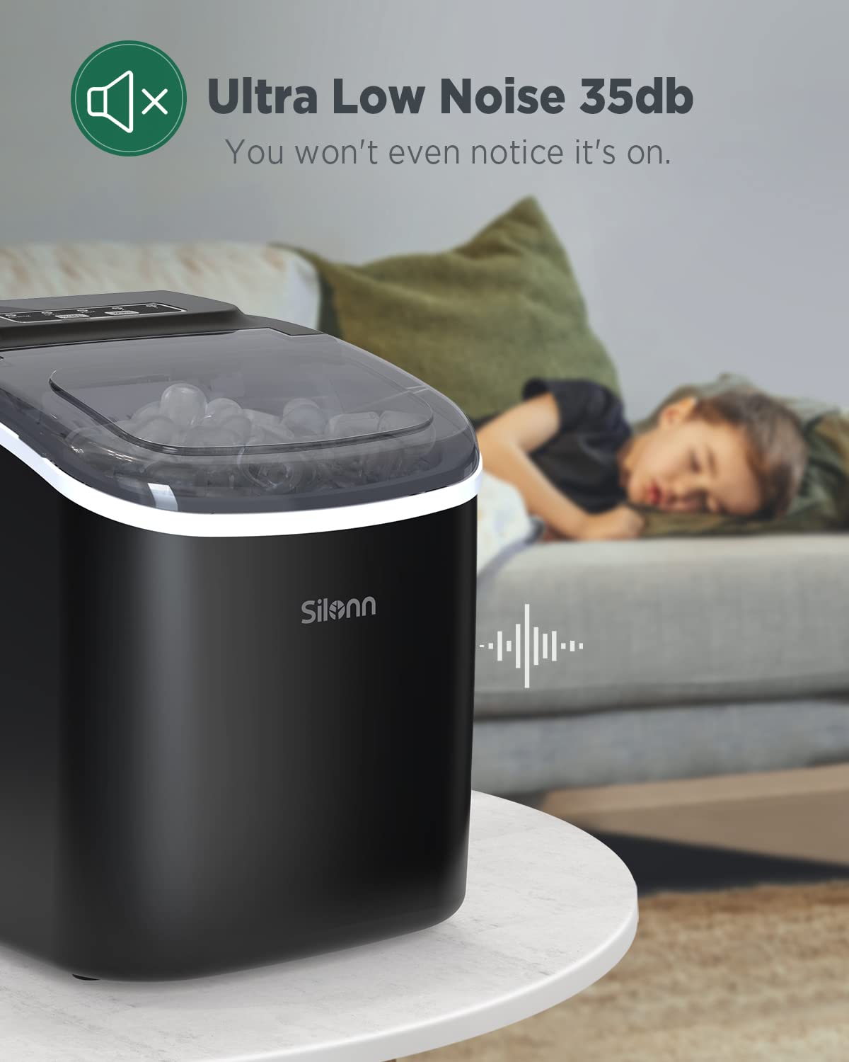 Silonn Countertop Ice Maker, 9 Cubes Ready in 6 Mins, 26lbs in 24Hrs, Self-Cleaning Ice Machine with Ice Scoop and Basket, 2 Sizes of Bullet Ice for Home Kitchen Office Bar Party,Black…