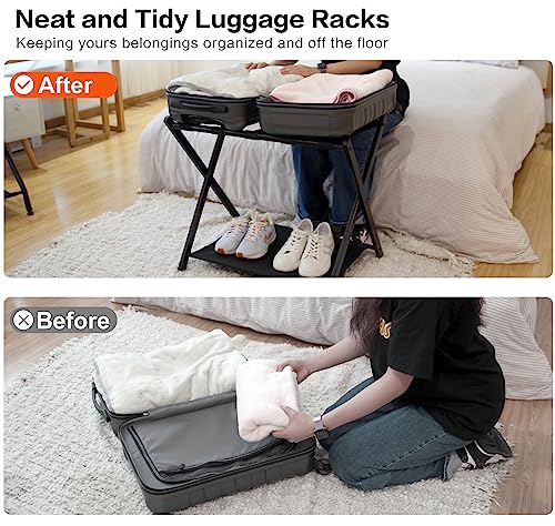 Yuihochic Luggage Rack, Suitcase Stand with Fabric Storage Shelf, for Guest Room,Bedroom,Hotel, Foldable Painted Steel Frame (Brown+Package Quantity 1)