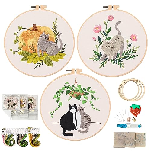 BTQKIK 3 Pack Embroidery Kit for Beginners Adults,Cat Embroidery Kit,Cross Stith Kits,Hobbies for Women with 3 Instrutions,3 Embroidery Cloth,3 Embroidery Hoops,6 Needles