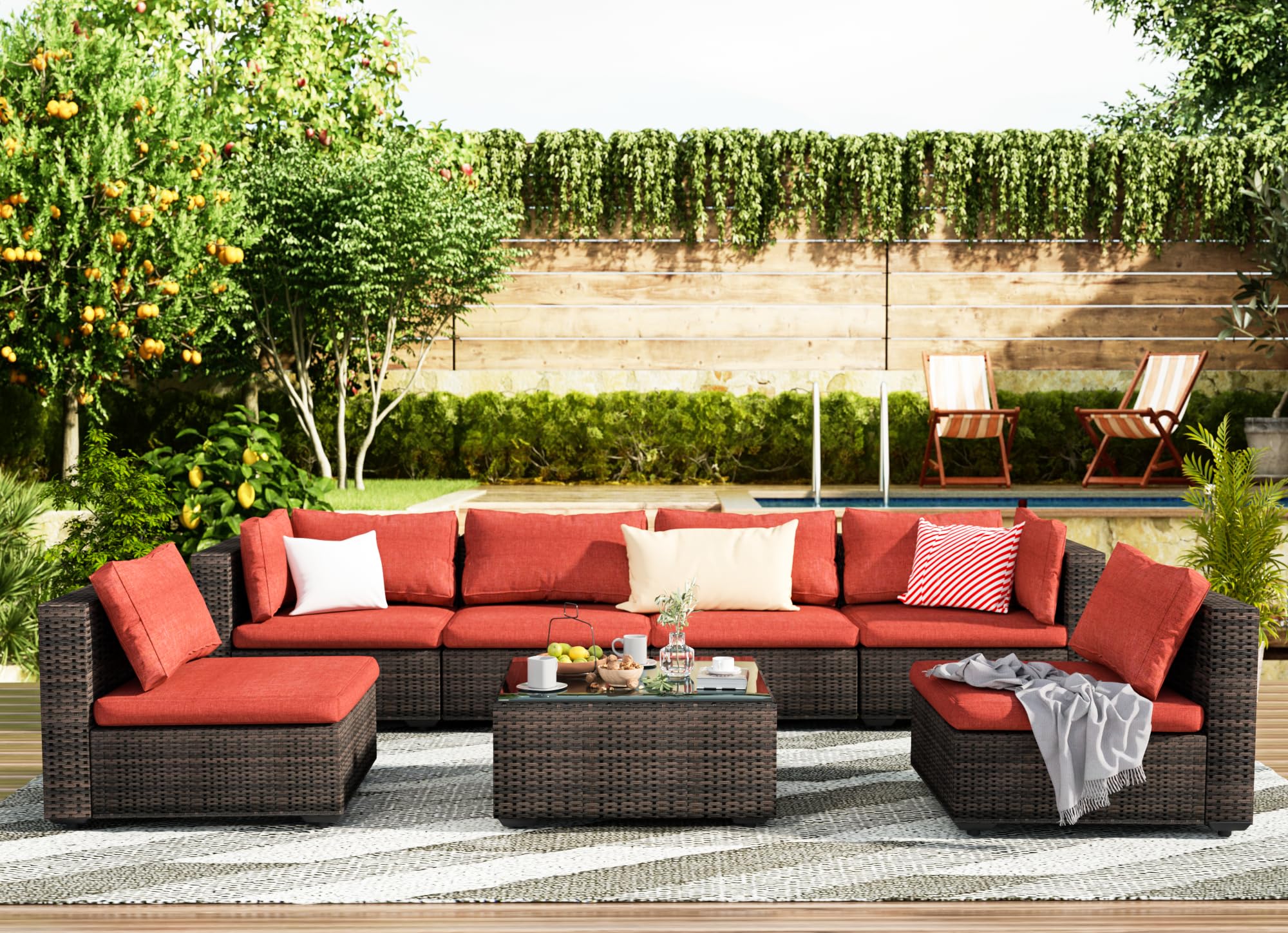 Grezone Patio Furniture Set 7 Piece Outdoor Wicker Sectional Sofa - All Weather PE Rattan Couch Conversation Set with Cushion & Glass Top Table for Backyard Deck Porch,Red