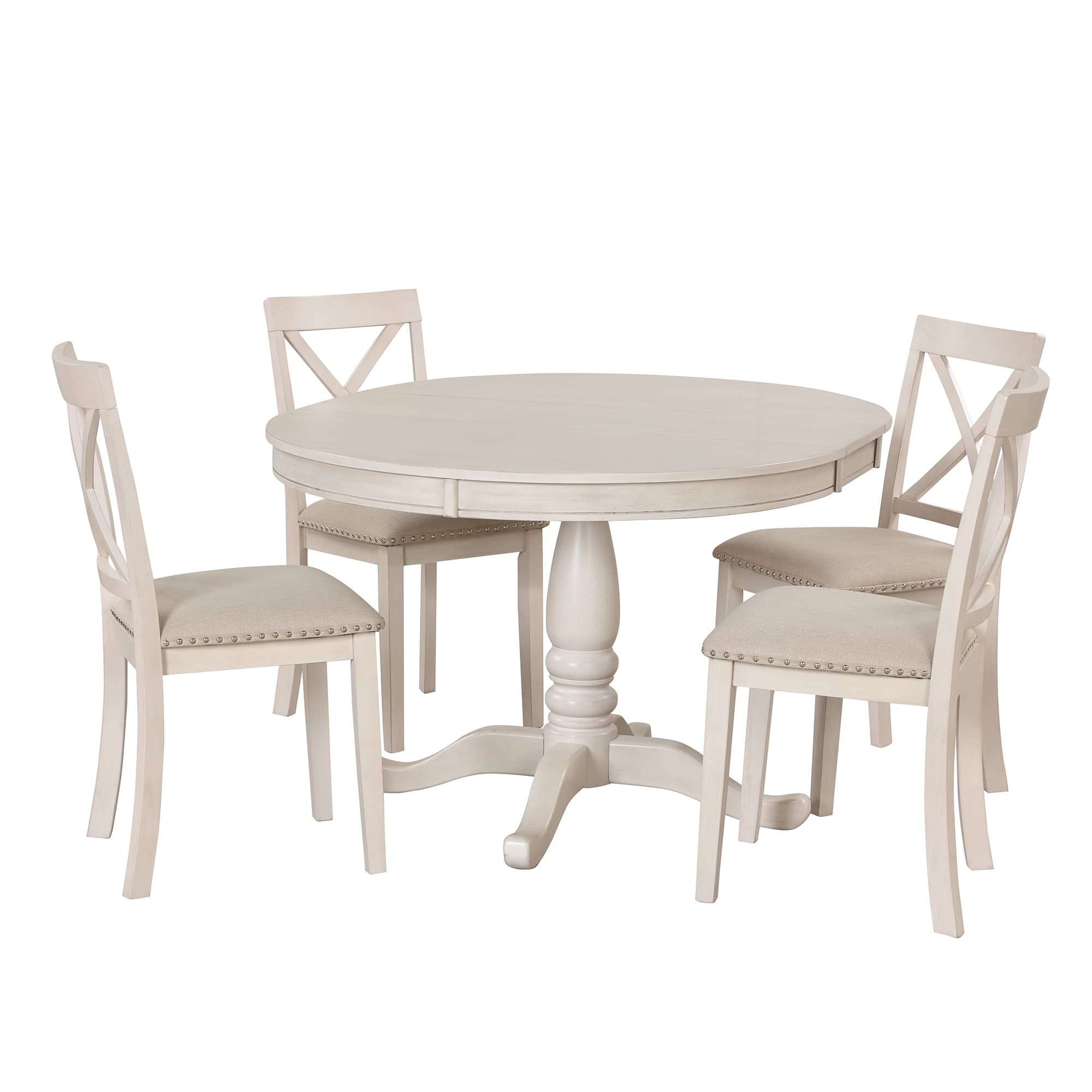Melpomene 5-Piece Modern Dining Table Set, Extendable Dining Table Set for 4, Wood Round Dining Table Set with 4 Chairs,Antique White