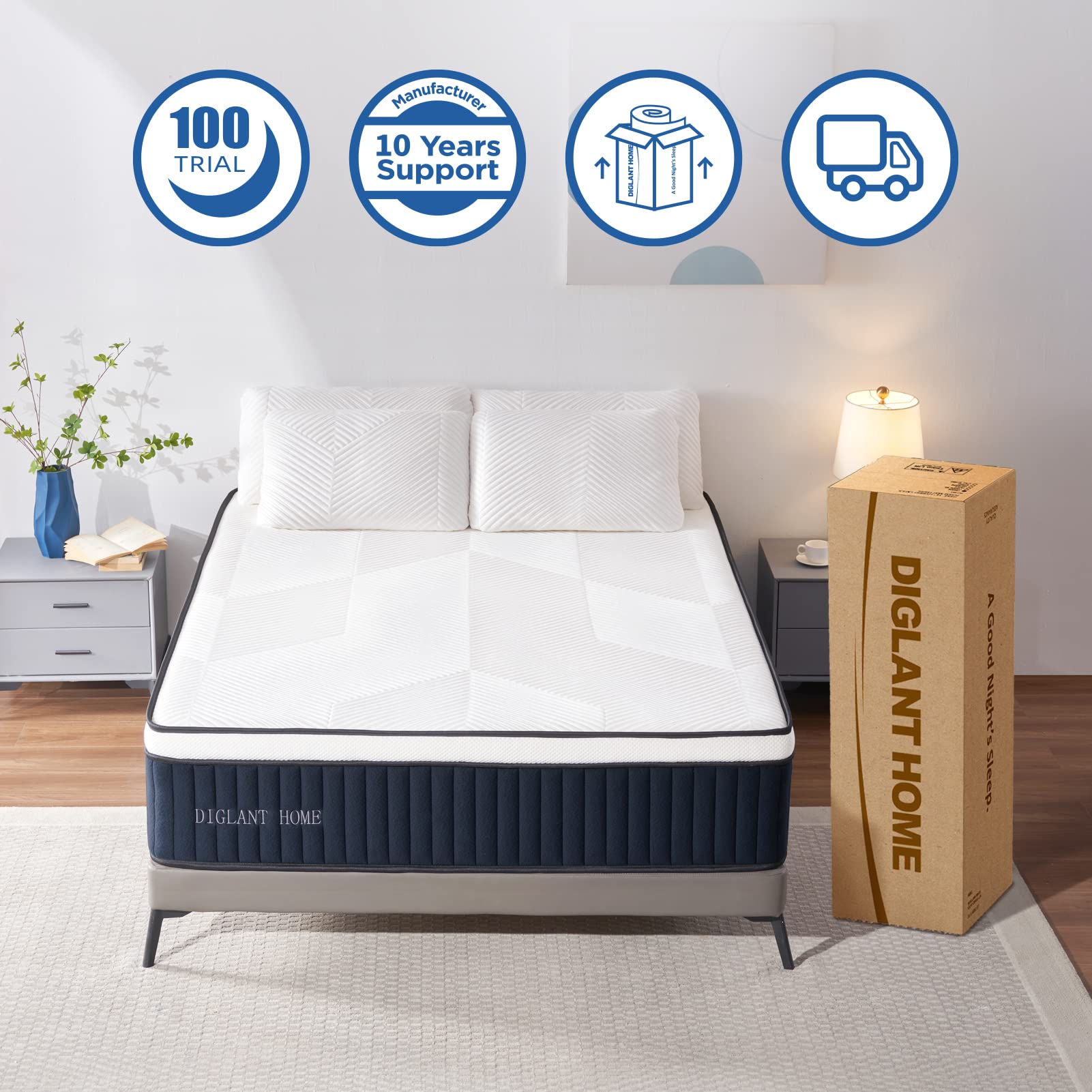 King Mattress, DIGLANT 14 Inch Euro Top Hybrid Memory Foam Mattress with Pocket Springs, Medium Plush Feel King Size Mattress in a Box, Supportive & Pressure Relief, CertiPUR-US Certified, 76"*80"
