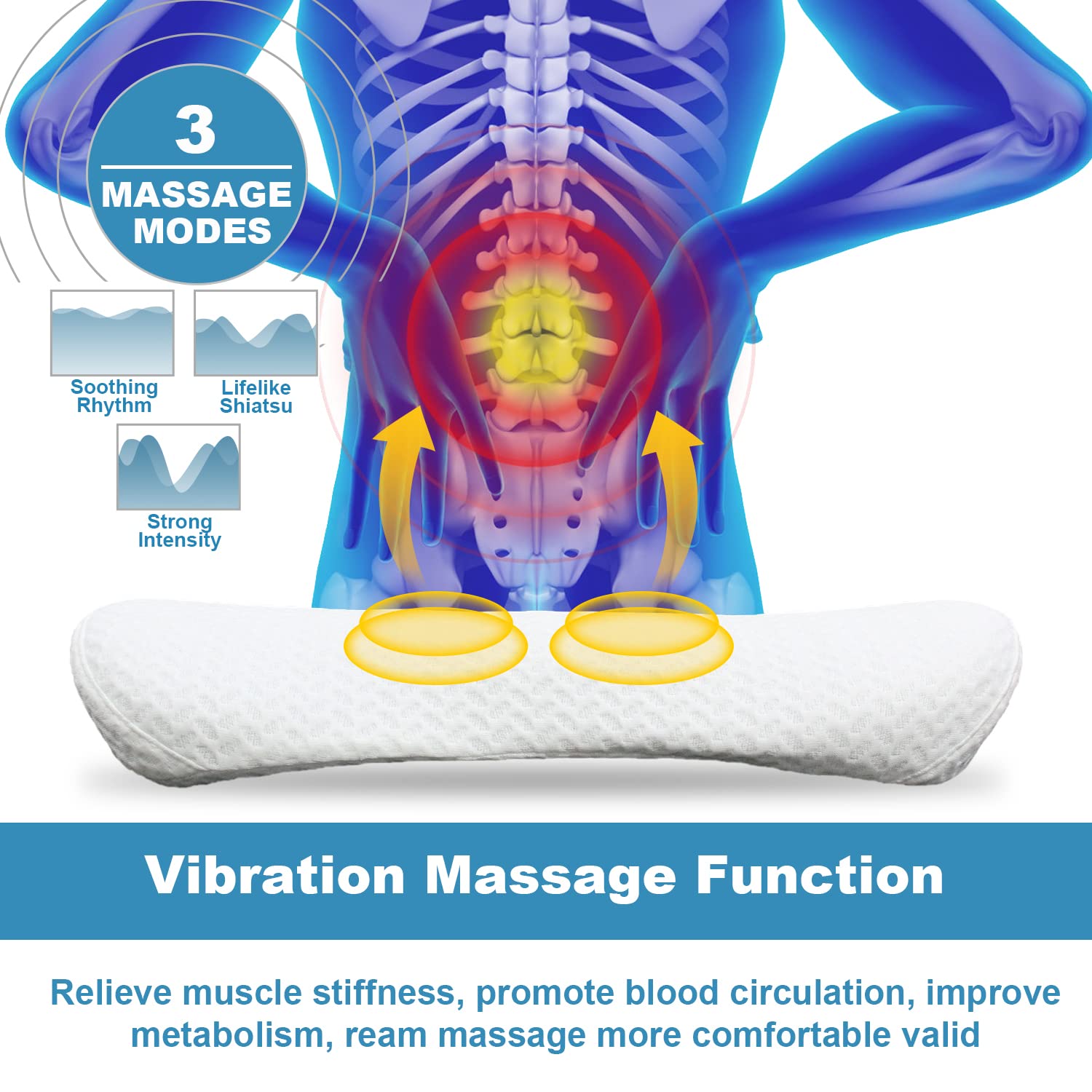 Lumbar Support Pillow with Massage and Heat, Back Support Cushion for Sleeping, Massager Pillow for Bed with Heating, Ergonomic Memory Foam Pillow for Lower Back Pain, Vibration Pad for Office Chair