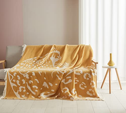 Downhome Cozy Soft Lightweight Throw Blanket for Couch, Cotton Chenille Blend Decorative Woven Knit Boho Throw Blanket,Yellow Leopard Pattern with Tassels