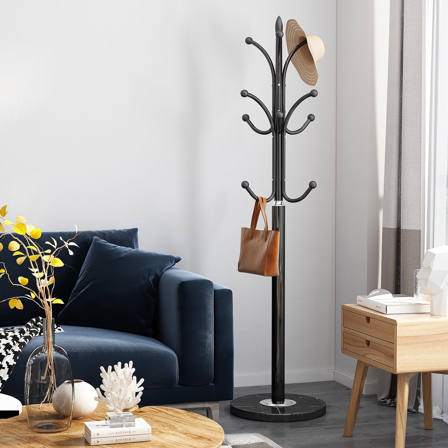 GAMNOF Black Coat Rack Freestanding, Metal Coat Rack Coat Hanger Stand, Entryway Tree Coat Rack Stand, High-grade Hat Tree with 12 Hooks & Natural Marble Base