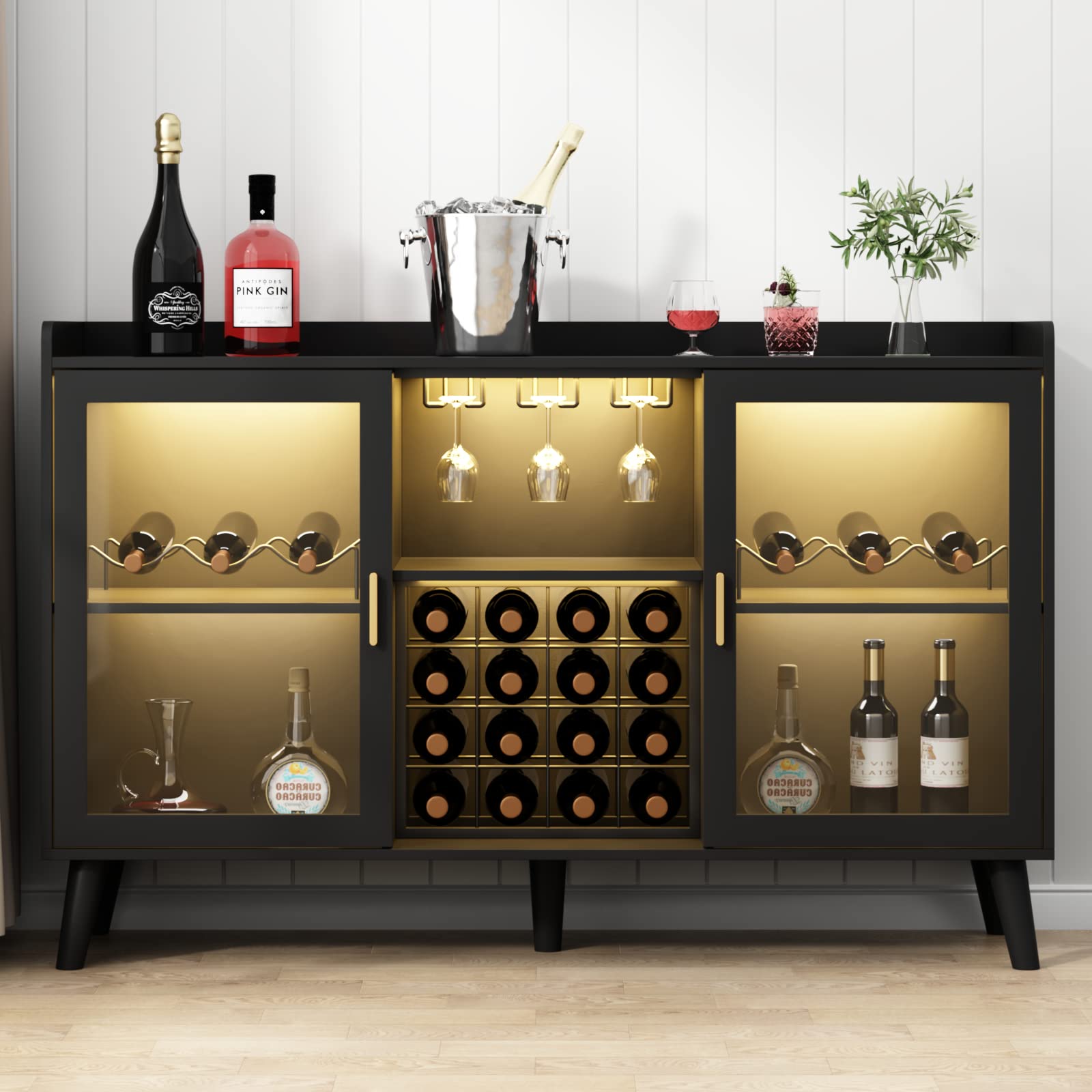 Gyfimoie Modern Wine Bar Cabinet with LED Light, Home Coffee Cabinet w Wine Rack and Glass Holder, Kitchen Sideboard Buffet Cabinet w Storage Shelf, Freestanding Liquor Cabinet w Glass Door (Black)