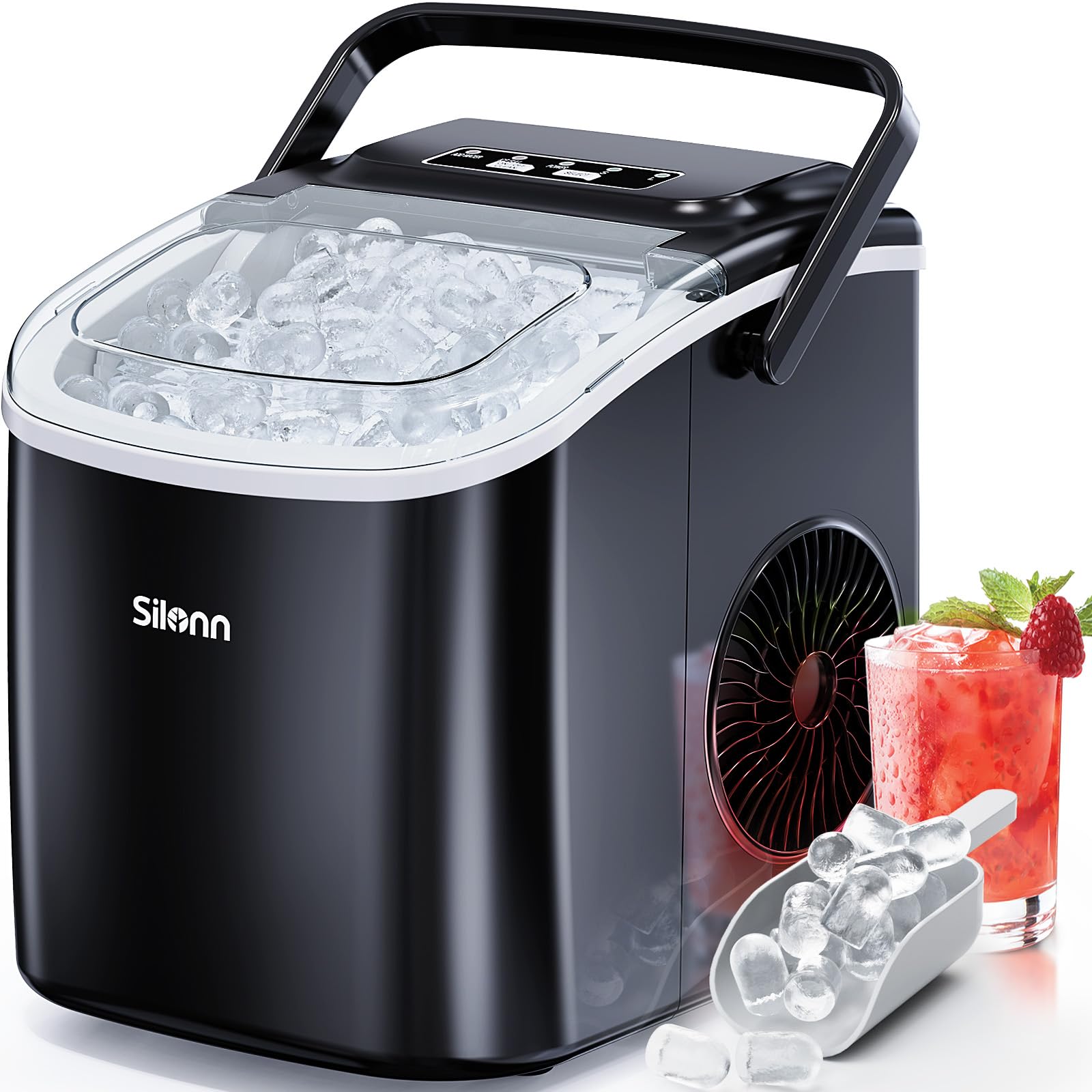 Silonn Countertop Ice Maker, 9 Cubes Ready in 6 Mins, 26lbs in 24Hrs, Self-Cleaning Ice Machine with Ice Scoop and Basket, 2 Sizes of Bullet Ice for Home Kitchen Office Bar Party,Black…