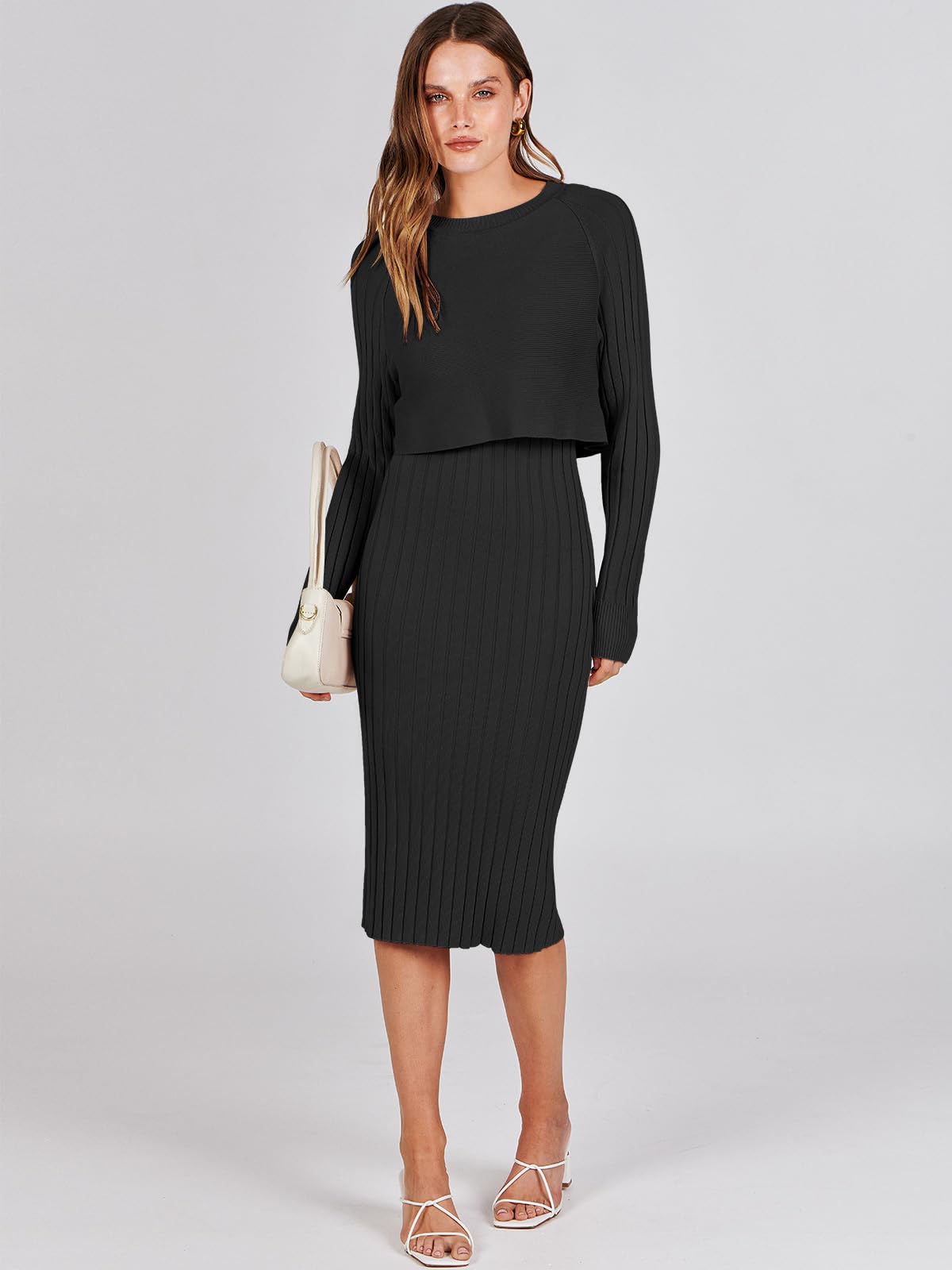 ANRABESS Womens 2 Piece Outfits Sweater Dresses Set Midi Skirt Sets Long Sleeve Crop Top Bodycon Ribbed Knit Dress 2024 Fall Black Large