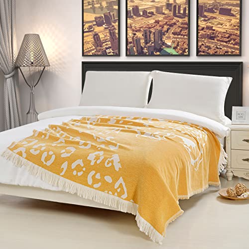 Downhome Cozy Soft Lightweight Throw Blanket for Couch, Cotton Chenille Blend Decorative Woven Knit Boho Throw Blanket,Yellow Leopard Pattern with Tassels