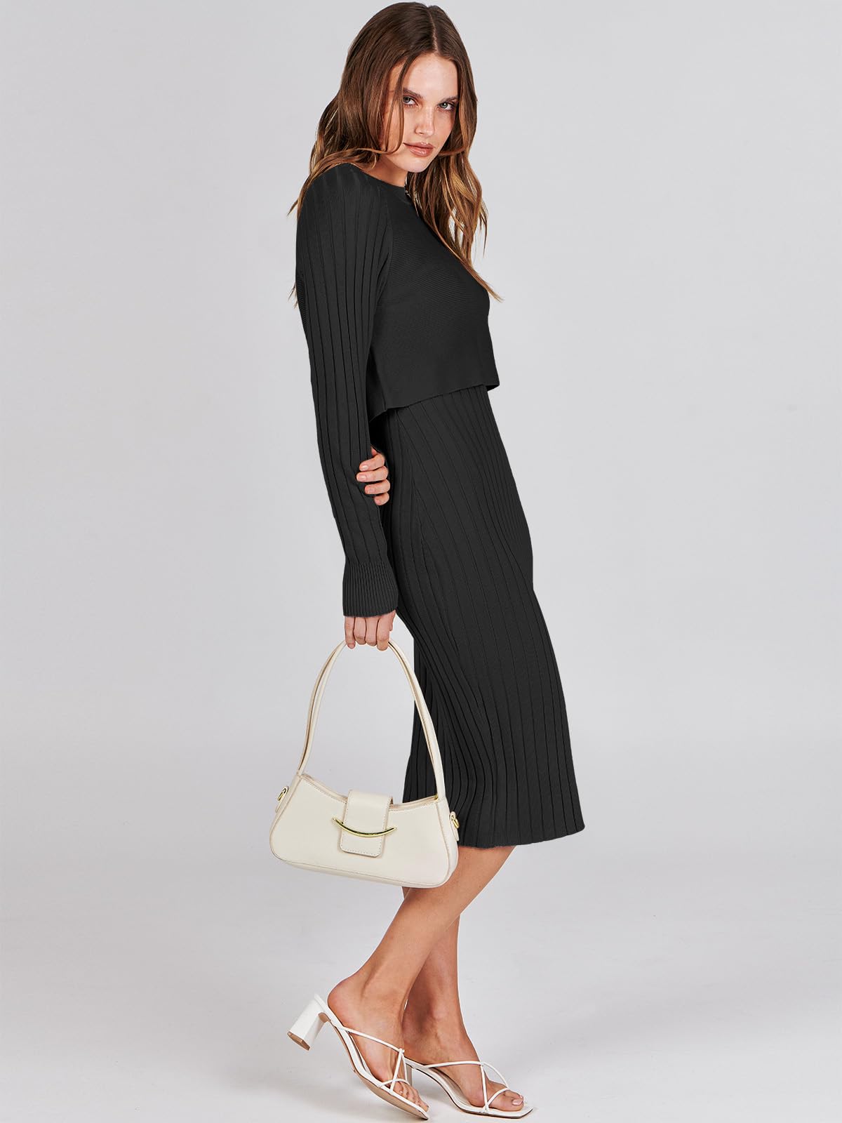 ANRABESS Womens 2 Piece Outfits Sweater Dresses Set Midi Skirt Sets Long Sleeve Crop Top Bodycon Ribbed Knit Dress 2024 Fall Black Large