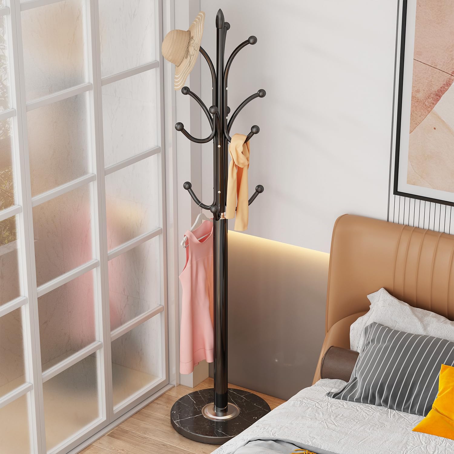 GAMNOF Black Coat Rack ​Freestanding, Metal Coat Rack Coat Hanger Stand, Entryway Tree Coat Rack Stand, High-grade Hat Tree with 12 Hooks & Natural Marble Base