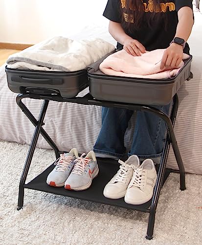 Yuihochic Luggage Rack, Suitcase Stand with Fabric Storage Shelf, for Guest Room,Bedroom,Hotel, Foldable Painted Steel Frame (Brown+Package Quantity 1)