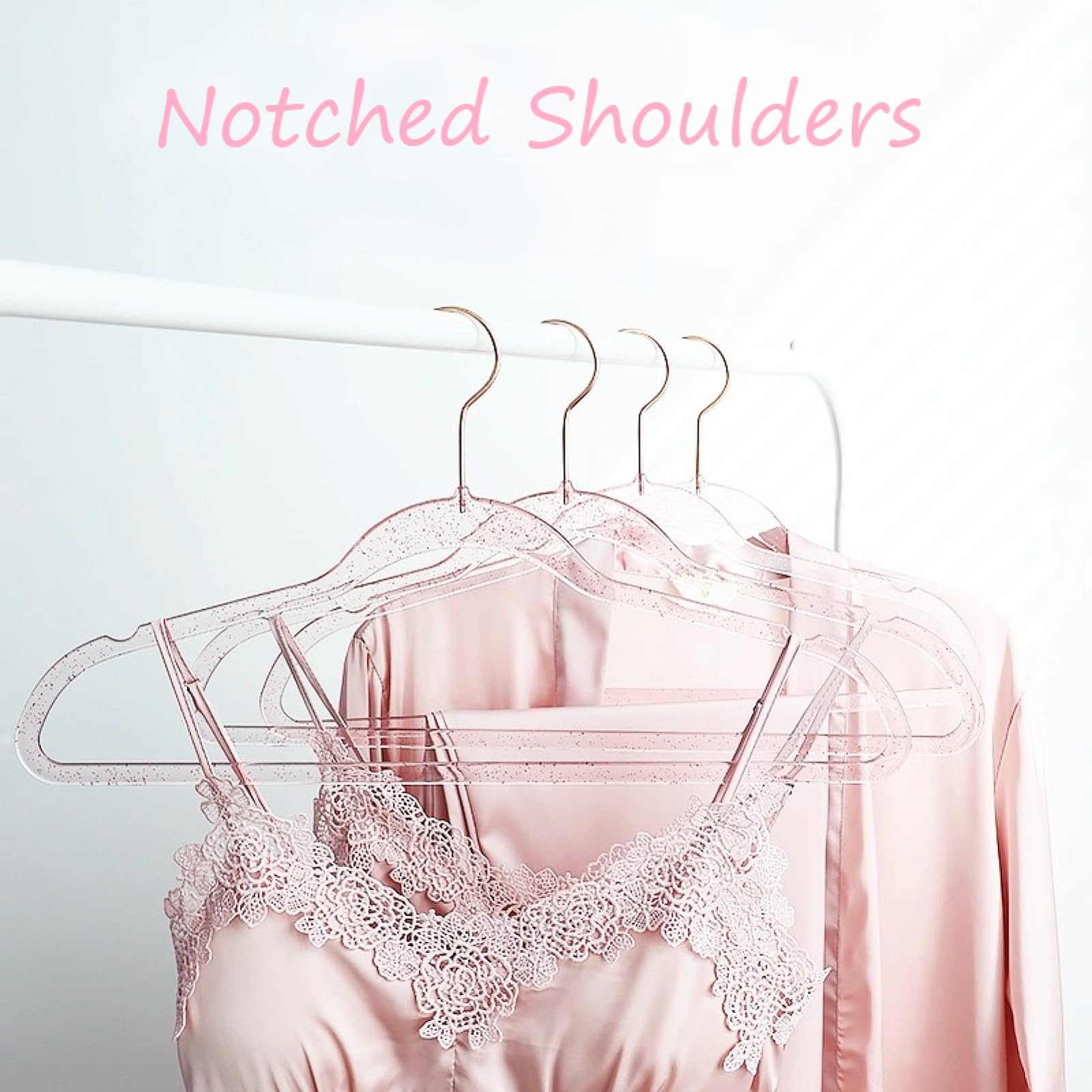 Pink Clothes Hangers 16", 20 Pack Plastic Clear Coat Hanger for Adult Closet, Durable Bling Ganchos de Ropa with Swivel Hook, Notched Shoulders & Ultra-Thin Space Saving Laundry Hanger for Dress Suits