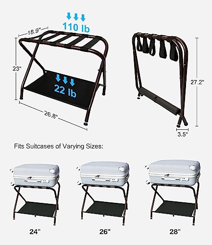 Yuihochic Luggage Rack, Suitcase Stand with Fabric Storage Shelf, for Guest Room,Bedroom,Hotel, Foldable Painted Steel Frame (Brown+Package Quantity 1)