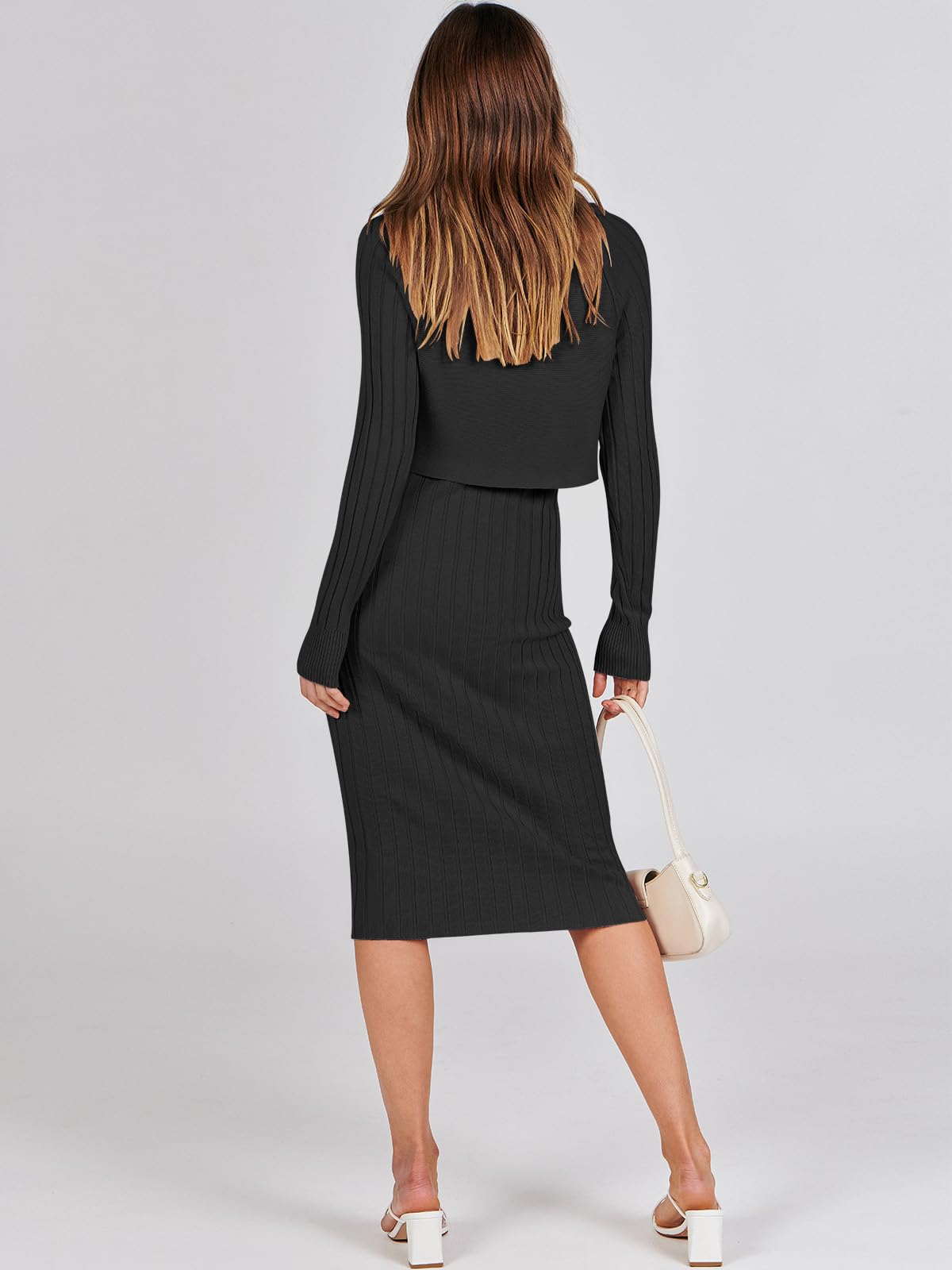 ANRABESS Womens 2 Piece Outfits Sweater Dresses Set Midi Skirt Sets Long Sleeve Crop Top Bodycon Ribbed Knit Dress 2024 Fall Black Large
