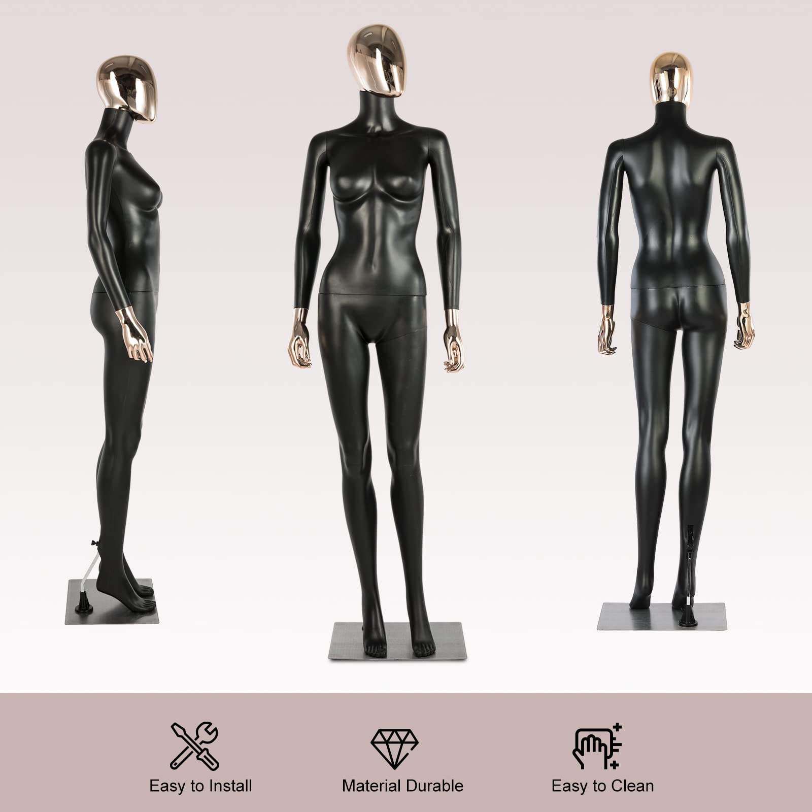 Female Mannequin Full Body Black- 70'' Mannequin Dress Form Display Full Body Adjustable Realistic Manikin Torso Stand (Black+Golden)