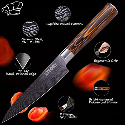 Kitory Kitchen Utility Knife 5 Inch Damascus Pattern Small Chef Knife with Sheath, German High Carbon Stainless Steel, Ergonomic Pakkawood Handle, Sharp Cooking Knife for Home&Restaurant