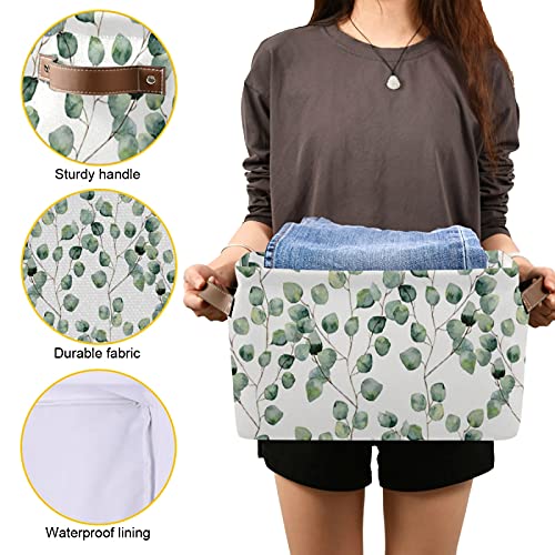 Oyihfvs Watercolor Eucalyptus Round Leaves Branches Seamless Square Shelves Storage Basket Bin, Waterproof Laundry Hamper Bucket, Baby Nursery Organizer with Handles for Toys Clothes Room Closets