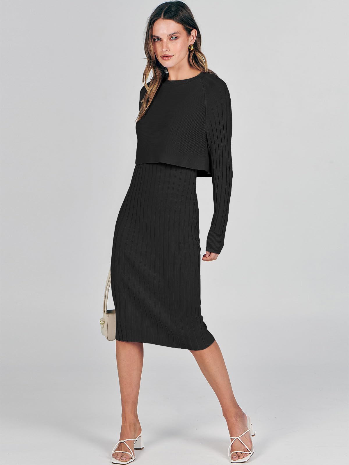 ANRABESS Womens 2 Piece Outfits Sweater Dresses Set Midi Skirt Sets Long Sleeve Crop Top Bodycon Ribbed Knit Dress 2024 Fall Black Large