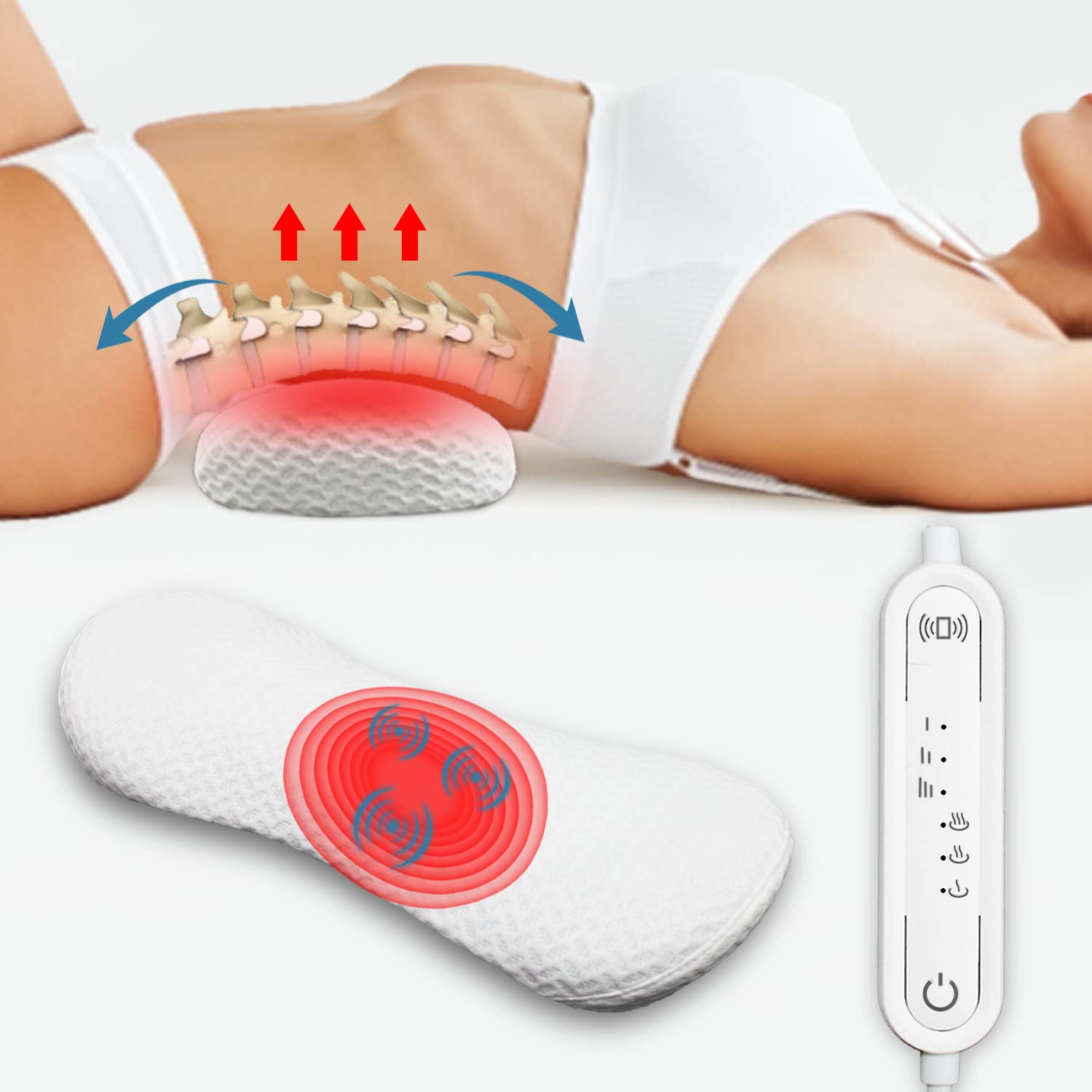 Lumbar Support Pillow with Massage and Heat, Back Support Cushion for Sleeping, Massager Pillow for Bed with Heating, Ergonomic Memory Foam Pillow for Lower Back Pain, Vibration Pad for Office Chair