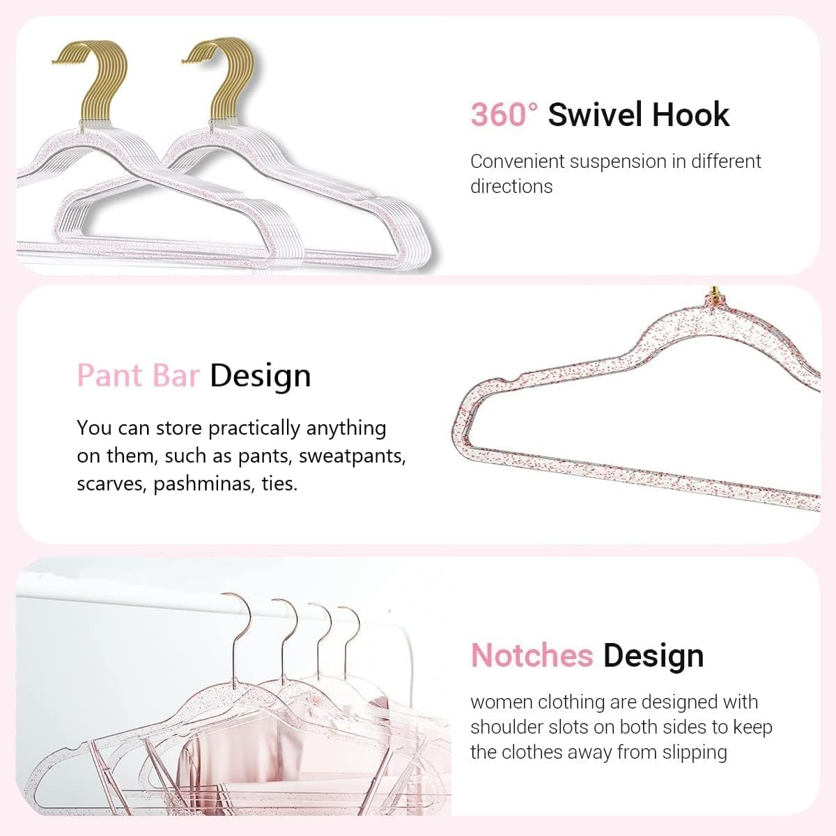 Pink Clothes Hangers 16", 20 Pack Plastic Clear Coat Hanger for Adult Closet, Durable Bling Ganchos de Ropa with Swivel Hook, Notched Shoulders & Ultra-Thin Space Saving Laundry Hanger for Dress Suits
