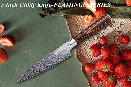 Kitory Kitchen Utility Knife 5 Inch Damascus Pattern Small Chef Knife with Sheath, German High Carbon Stainless Steel, Ergonomic Pakkawood Handle, Sharp Cooking Knife for Home&Restaurant