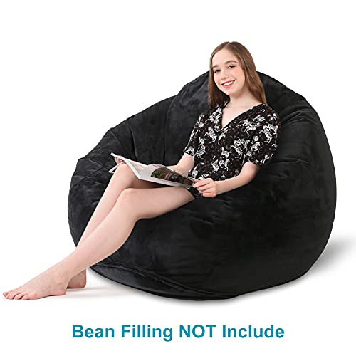 MFTEK Bean Bag Chair Cover(No Filling), Large Washable Soft Velvet Bean Bag, Stuffed Animal Storage or Memory Foam for Kid Adults, 35’’×35’’×43’’ (Black)