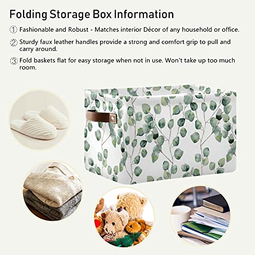 Oyihfvs Watercolor Eucalyptus Round Leaves Branches Seamless Square Shelves Storage Basket Bin, Waterproof Laundry Hamper Bucket, Baby Nursery Organizer with Handles for Toys Clothes Room Closets