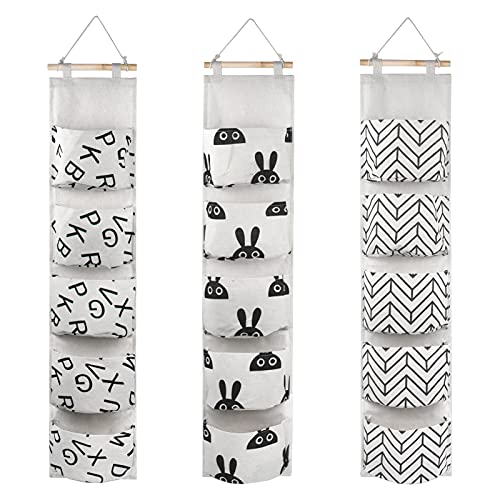 DSVENROLY 3Pcs Hanging Storage Bag with 5 Pockets, Premium Cotton&Fabric Over The Door Hanging Organizer Waterproof Wall Door Closet Hanging Shelve for Bedroom, Washroom, Living Room
