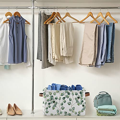 Oyihfvs Watercolor Eucalyptus Round Leaves Branches Seamless Square Shelves Storage Basket Bin, Waterproof Laundry Hamper Bucket, Baby Nursery Organizer with Handles for Toys Clothes Room Closets